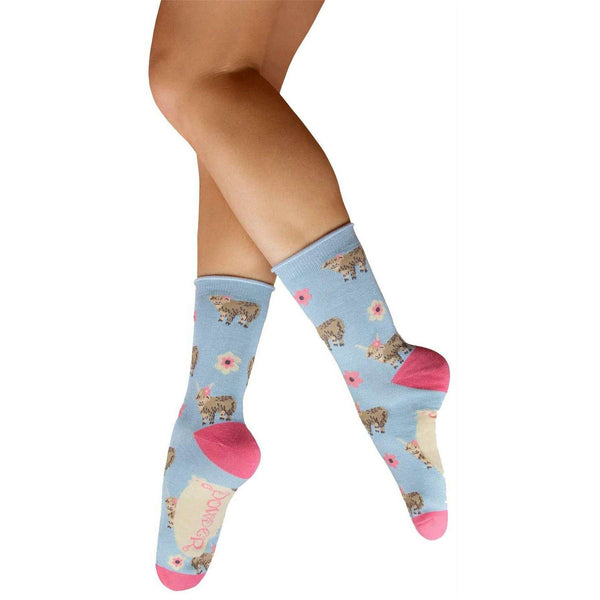 Powder Blue Highland Cow Ankle Socks | The Socks Emporium